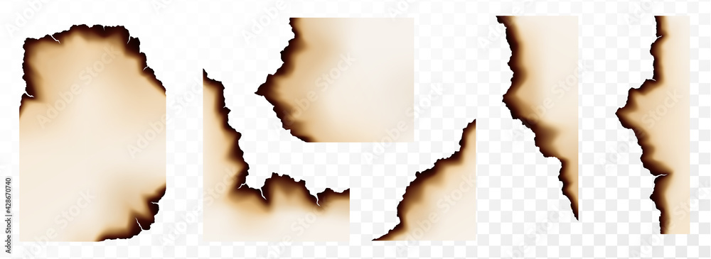 Burn paper borders, set of burnt pages with smoldering fire on charred ...