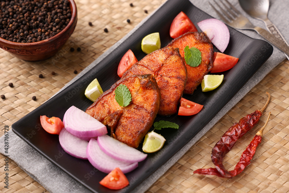 Fried fish, Kerala Fish fry in coconut oil India. Top view of fresh ...