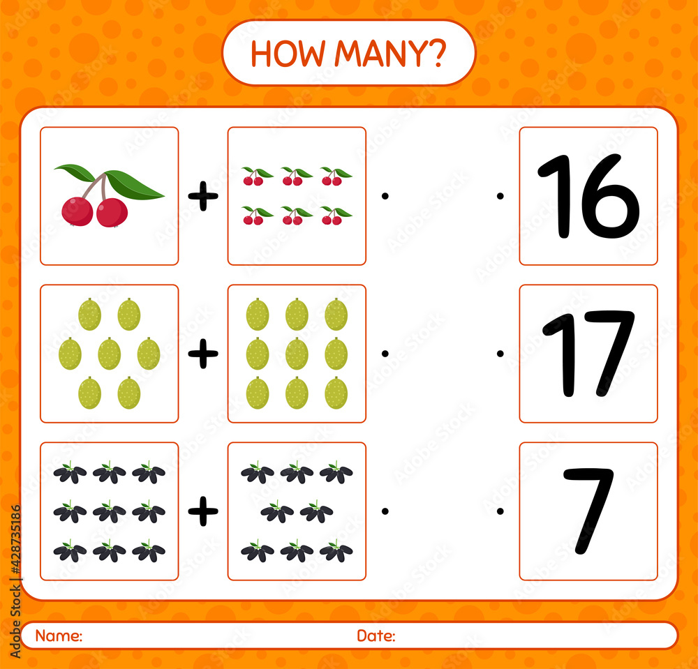 How many counting game with fruit. worksheet for preschool kids, kids ...
