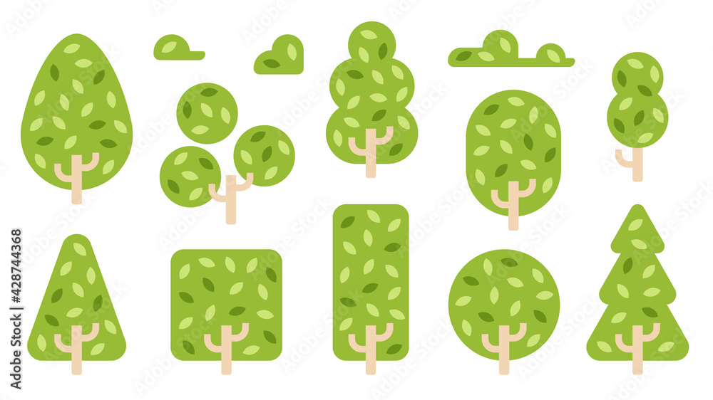 Trees set. Plants isolated. Simple geometric shapes. Forest background ...