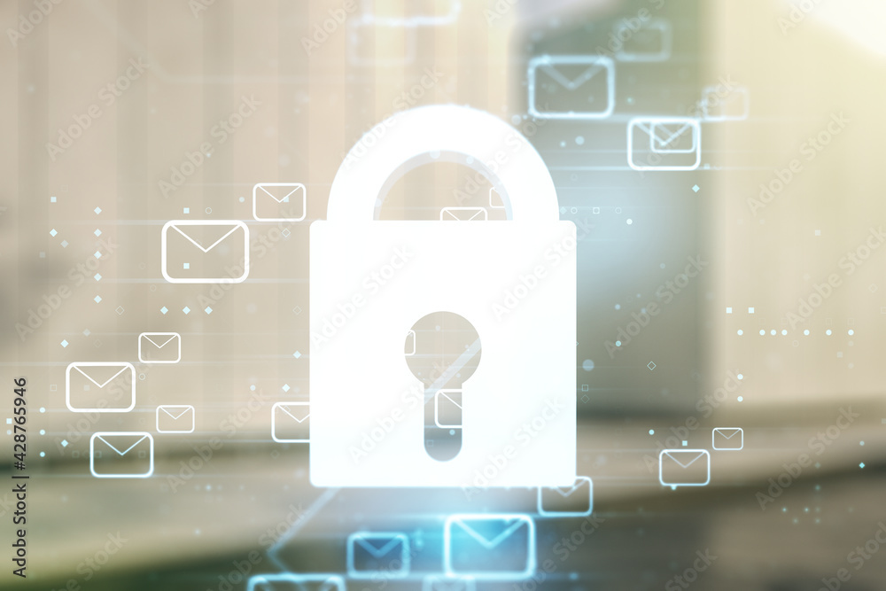Abstract virtual lock symbol and postal envelopes illustration on ...
