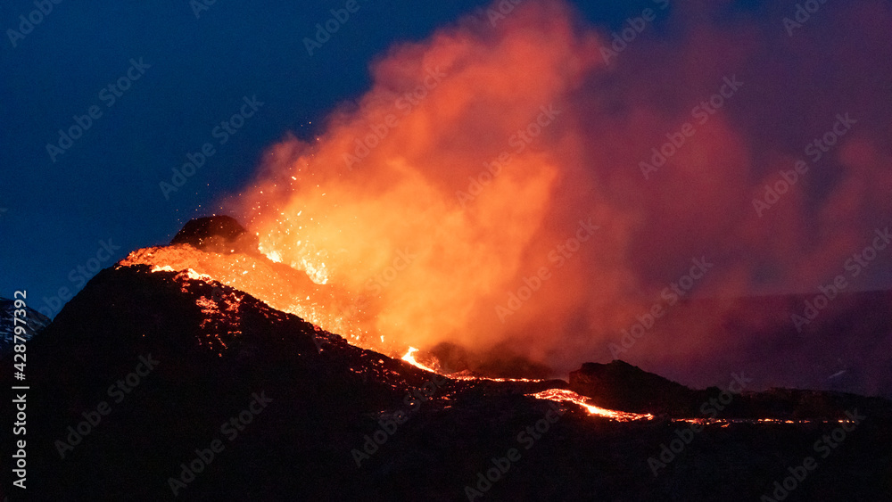 GELDINGADALUR, ICELAND. Erupting Fagradalsfjall volcano at night, 52 km ...