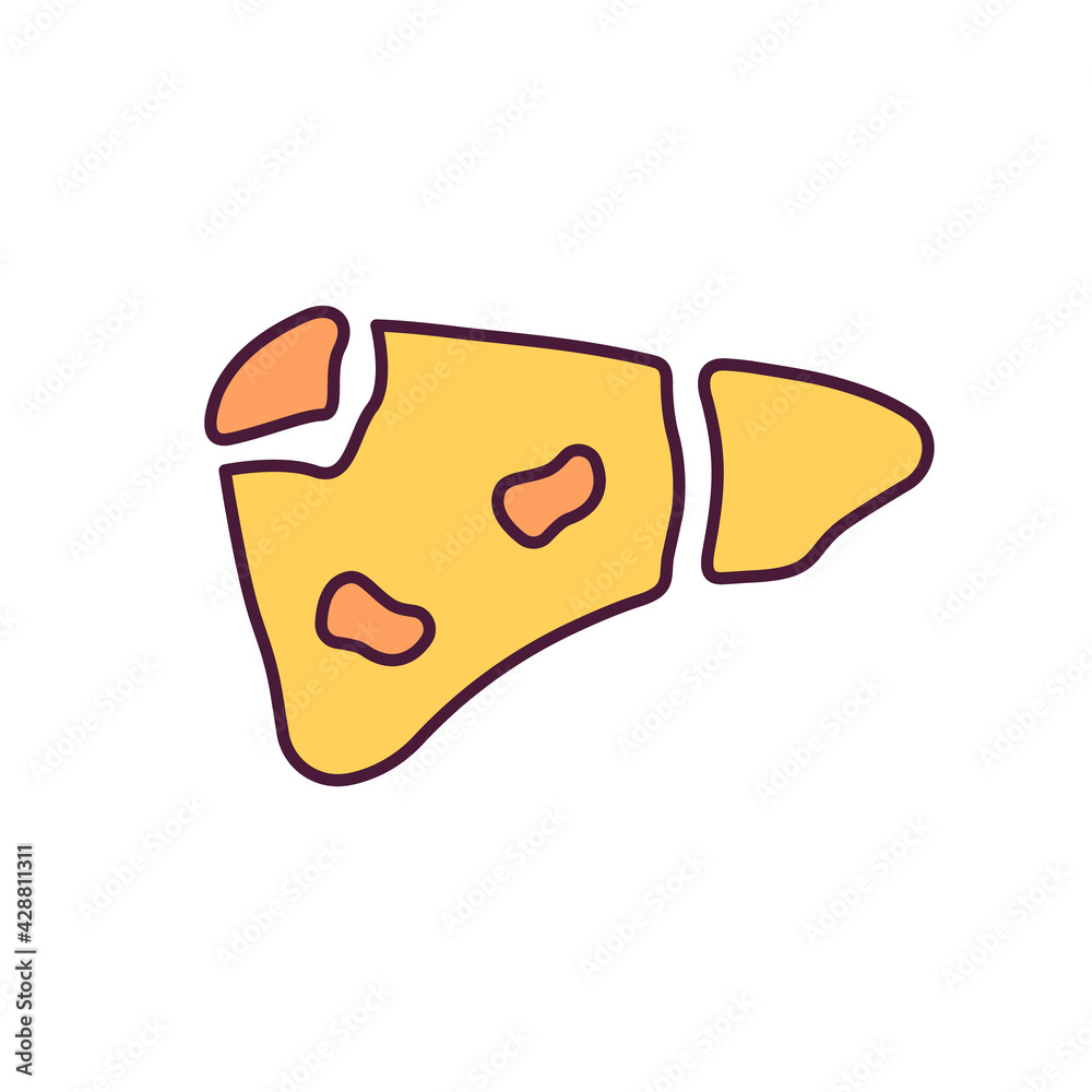 Hepatic failure RGB color icon. Liver cell inflammation and damage ...