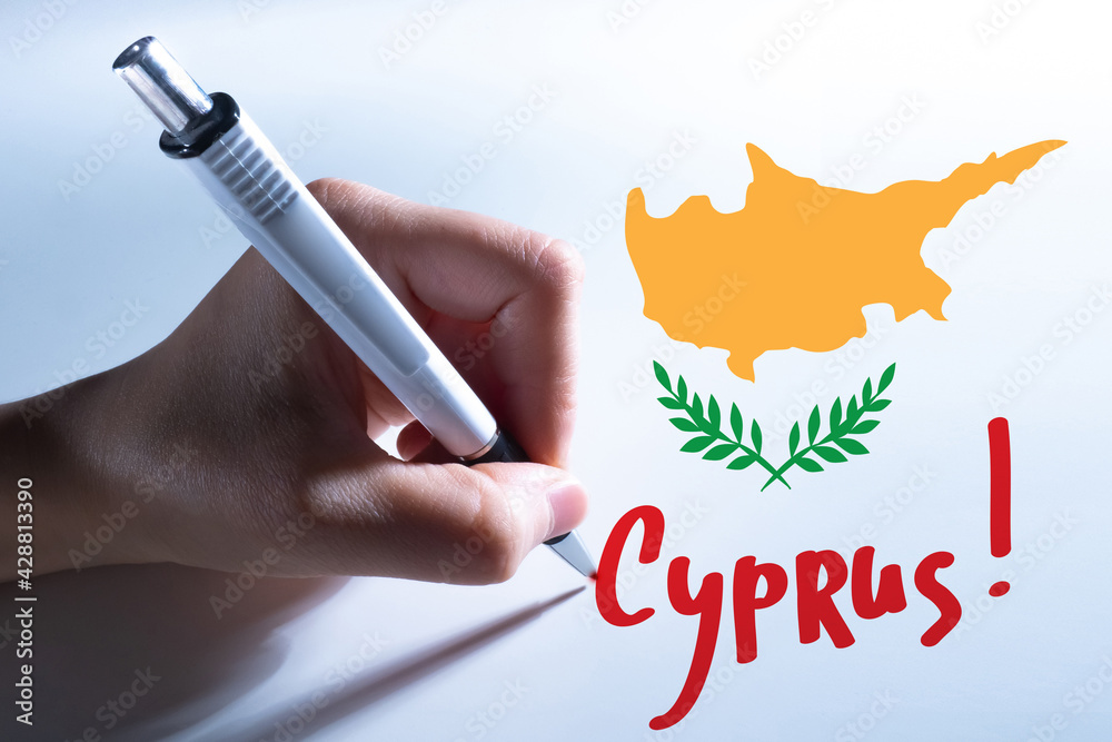Cyprus logo is drawn map on paper. Hand draws tourist symbols of Cyprus ...