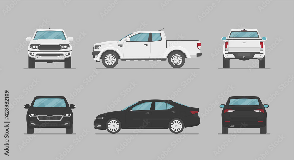 Car in different view. Front, back, top and side car projection. Flat ...