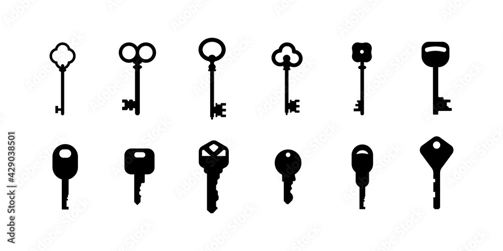 Key collection. set of outline vector icons. Retro and modern house key ...