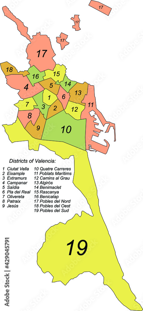 Simple pastel vector map with black borders and names of districts of ...