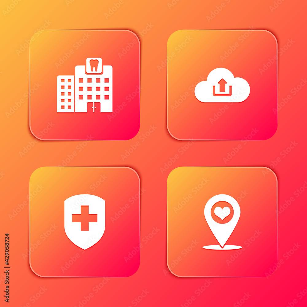 Set Dental clinic, Cloud upload, Medical shield with cross and Map pointer heart icon. Vector ...