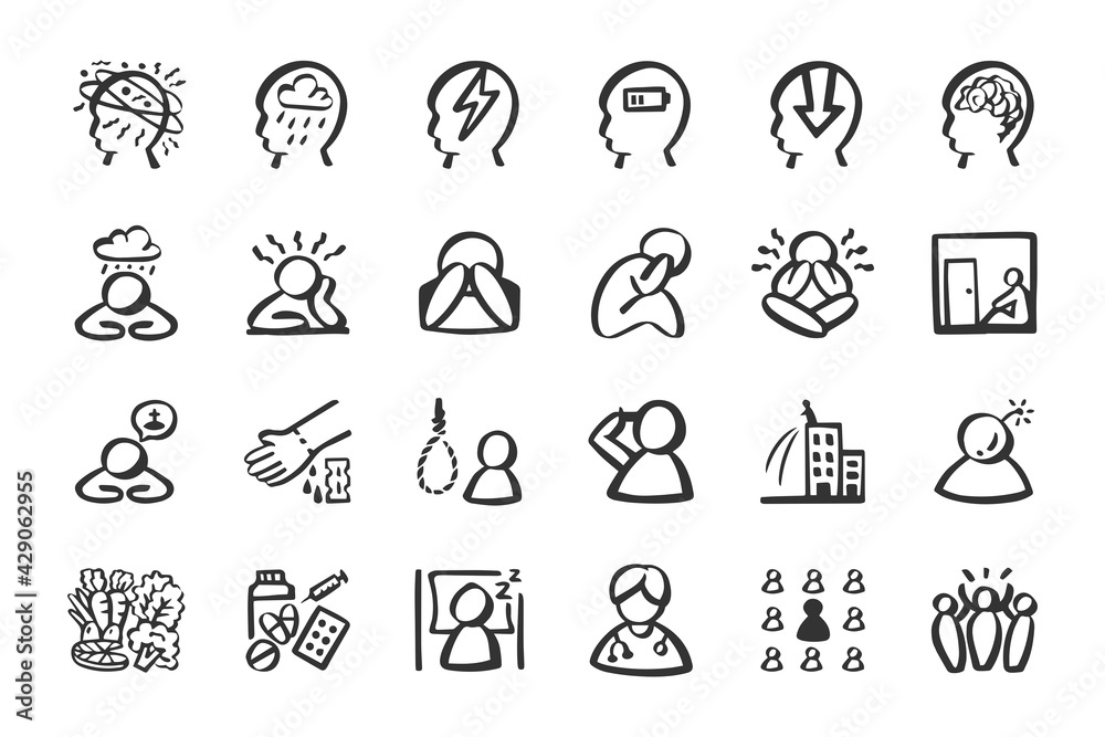 Depression anxiety icon set Hand drawn doodle icons Stock Vector ...