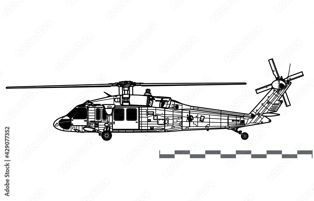Sikorsky UH-60A Black Hawk. Vector drawing of utility helicopter. Side ...