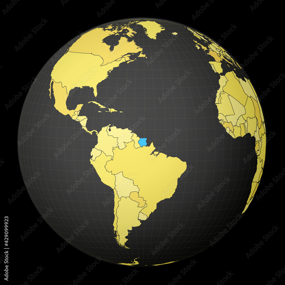 Suriname on a dark globe with a yellow world map. The country is ...