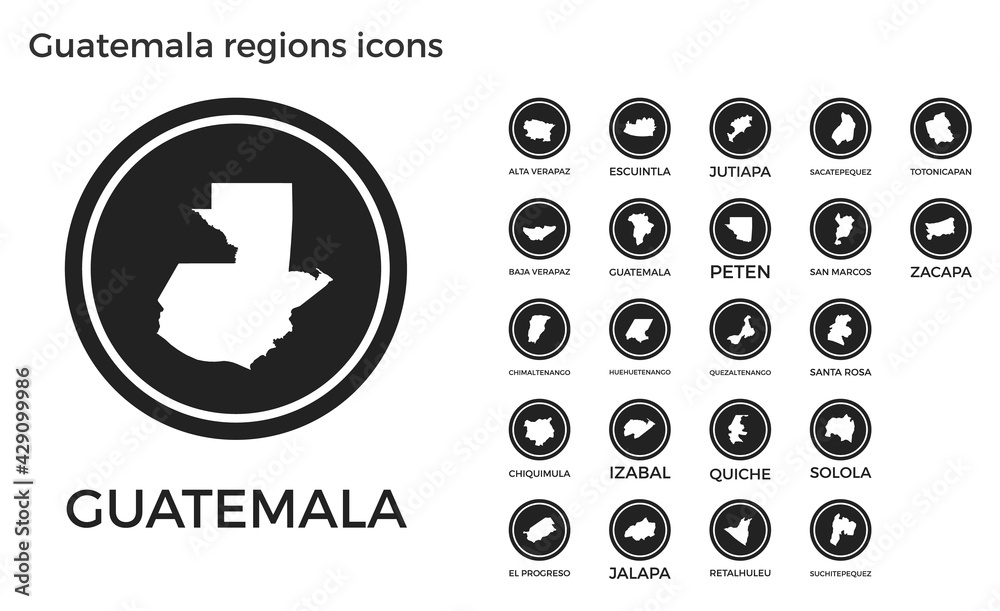 Guatemala regions icons. Black round logos with country regions maps ...