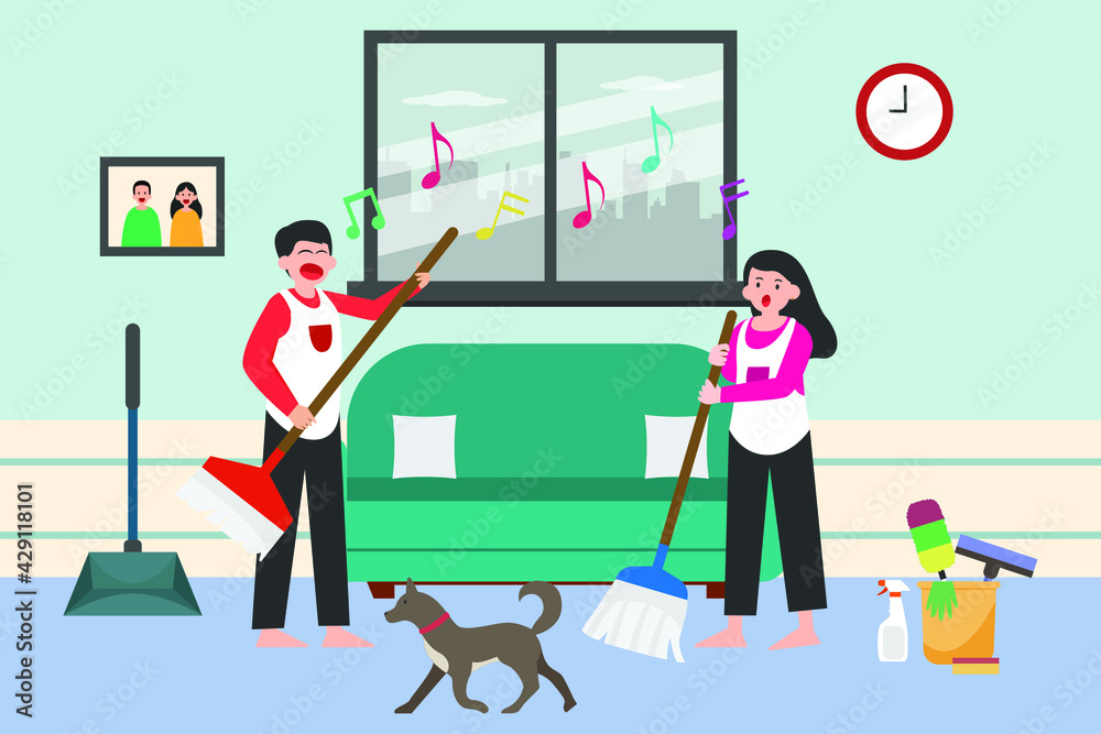 House chores vector concept: Young couple doing house chores together ...