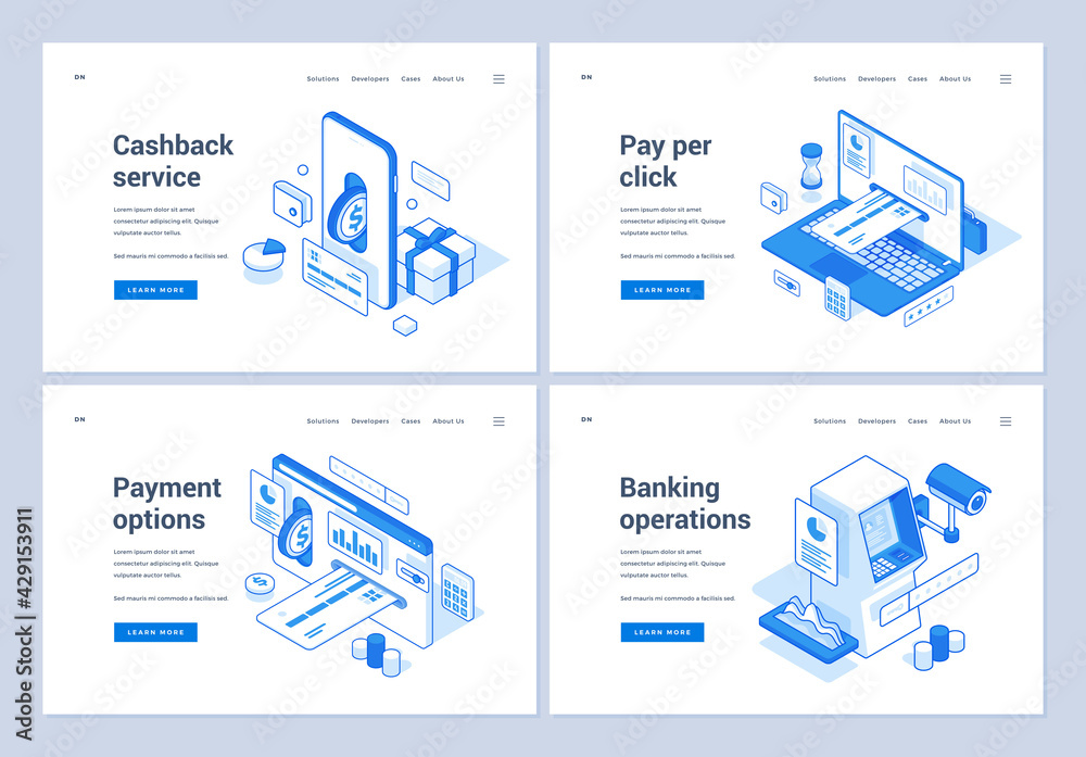 Set of blue and white vector illustrations of web banners representing ...