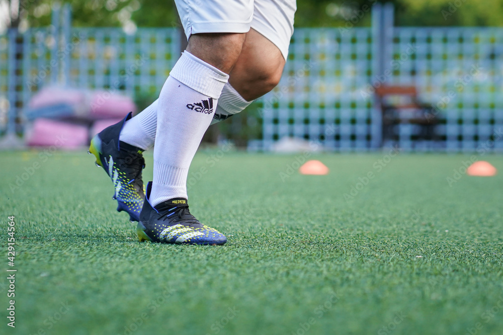 Bangkok, Thailand - April 2021: A football player is wear Adidas ...