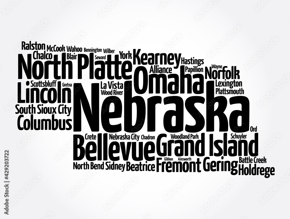 List of cities in Nebraska USA state, map silhouette word cloud map ...