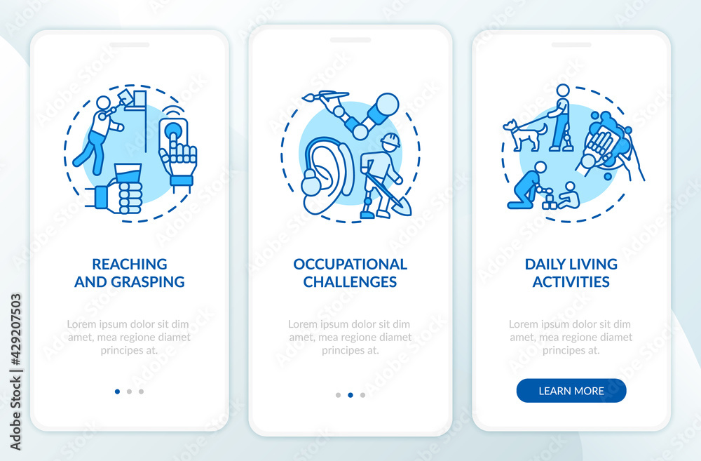 Upper limb prostheses tasks onboarding mobile app page screen with ...