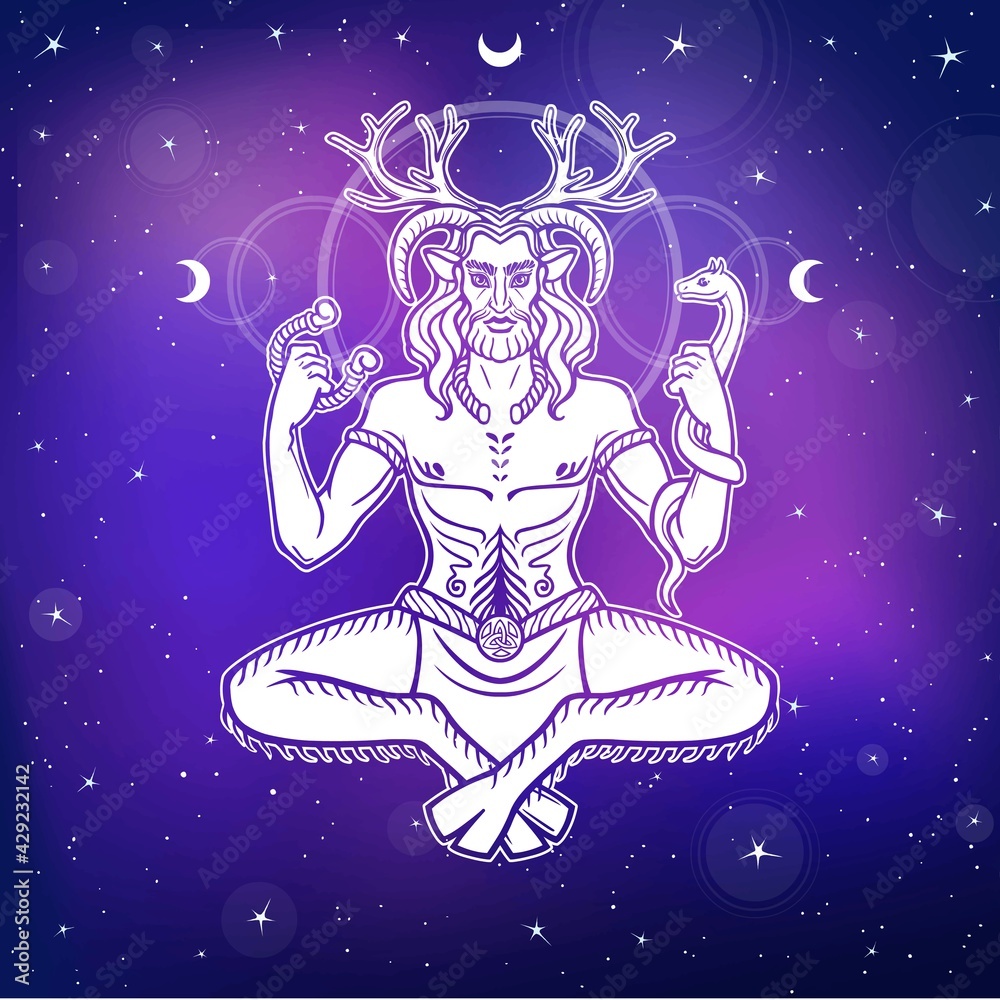 Horned god Cernunnos . Mysticism, esoteric, paganism, occultism. Vector illustration. Background ...