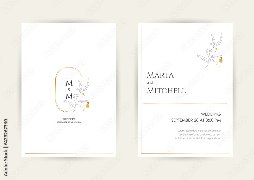 Minimalist wedding invitation card template design, golden line art ...