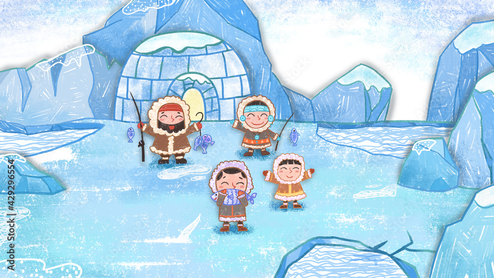 ภาพประกอบ Stock Arctic People Inuit Athabascan Backdrop Cartoon ...