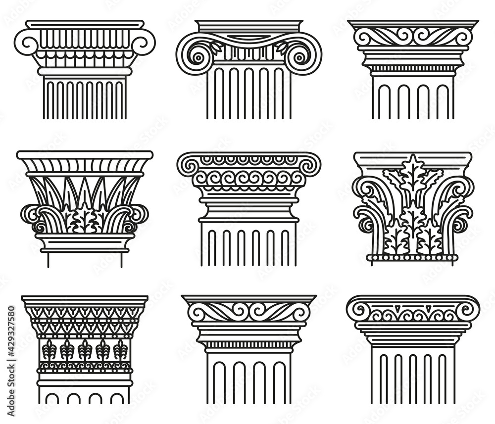 Vector de Stock Ancient greek capitals. Architectural orders, ionic and doric antique classical ...