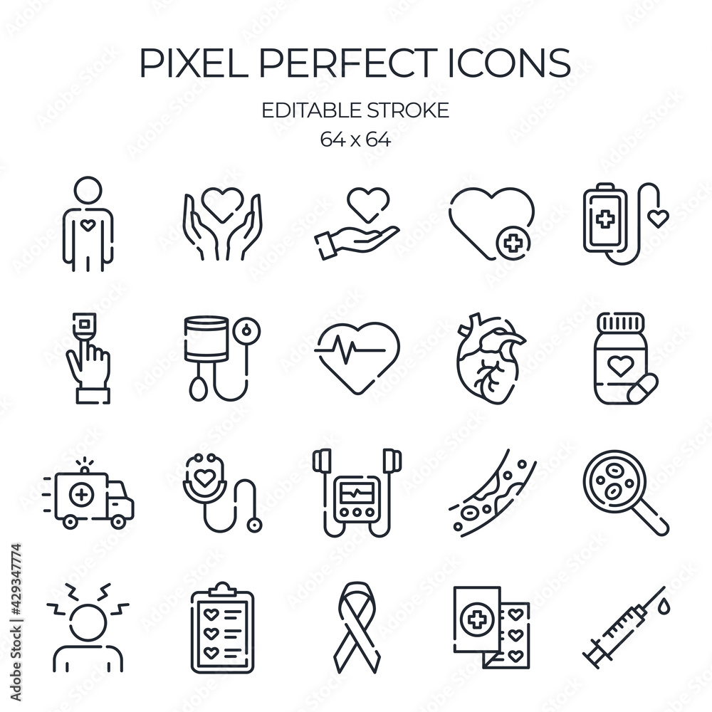 Heart attack related editable stroke outline icons set isolated on ...