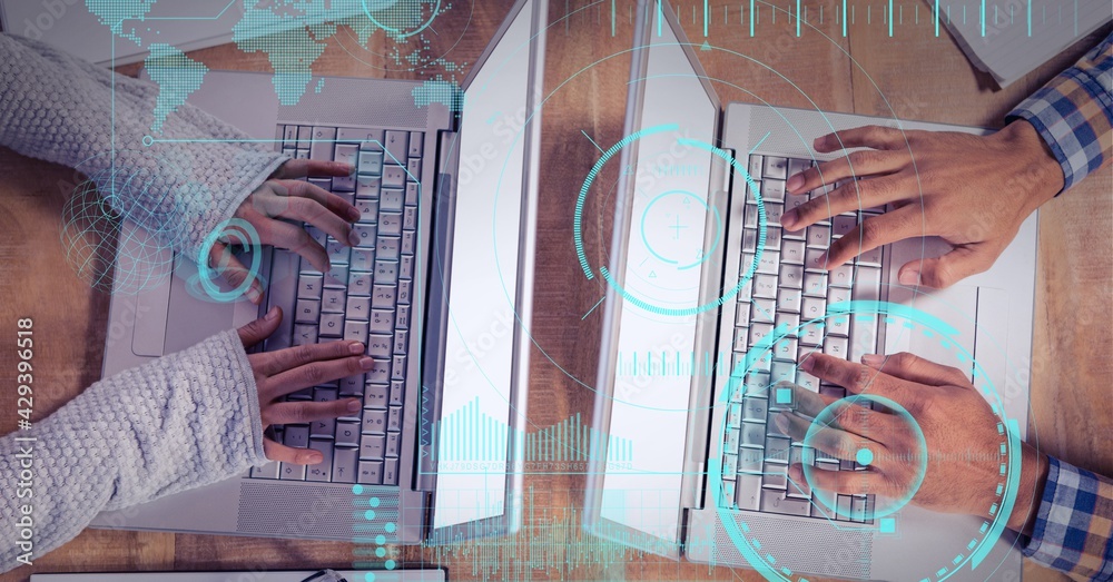 Composition of scope scanning with world map over man and woman typing ...