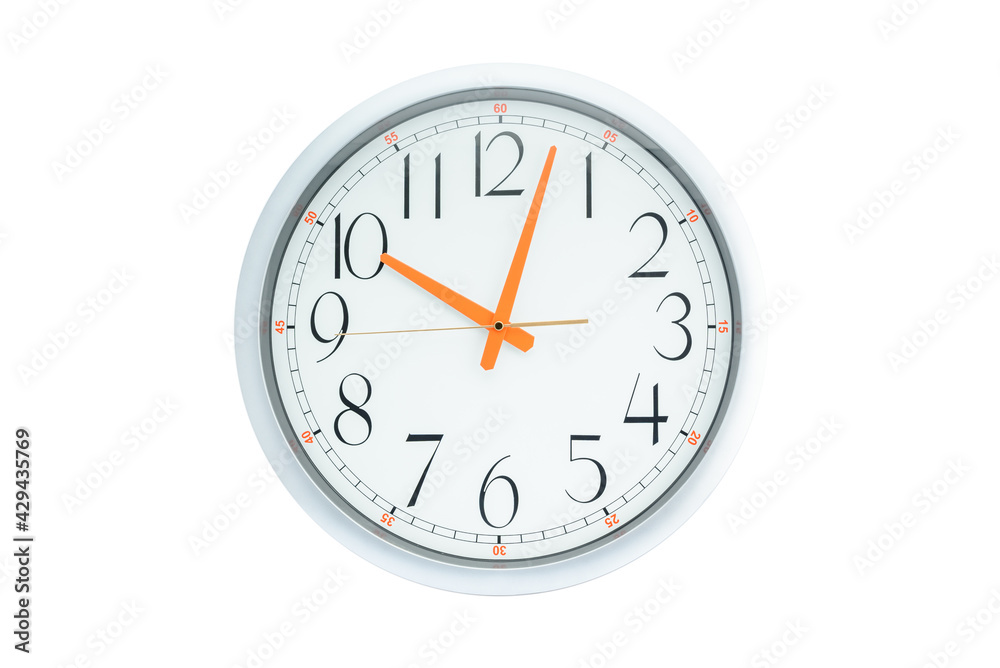 Analog or mechanical clock with orange colored short and long minute ...