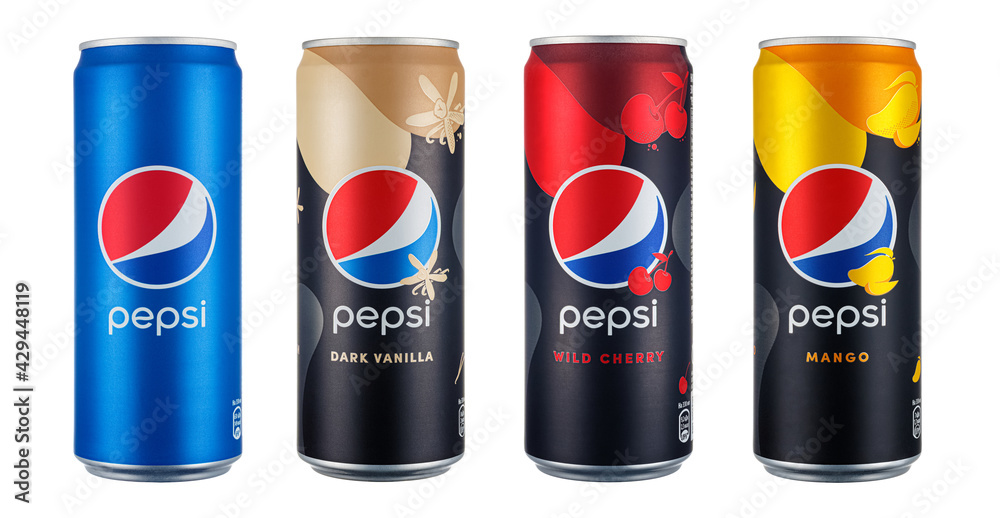 Moscow, Russia - April 13, 2021: Four Pepsi colored aluminum cans with ...