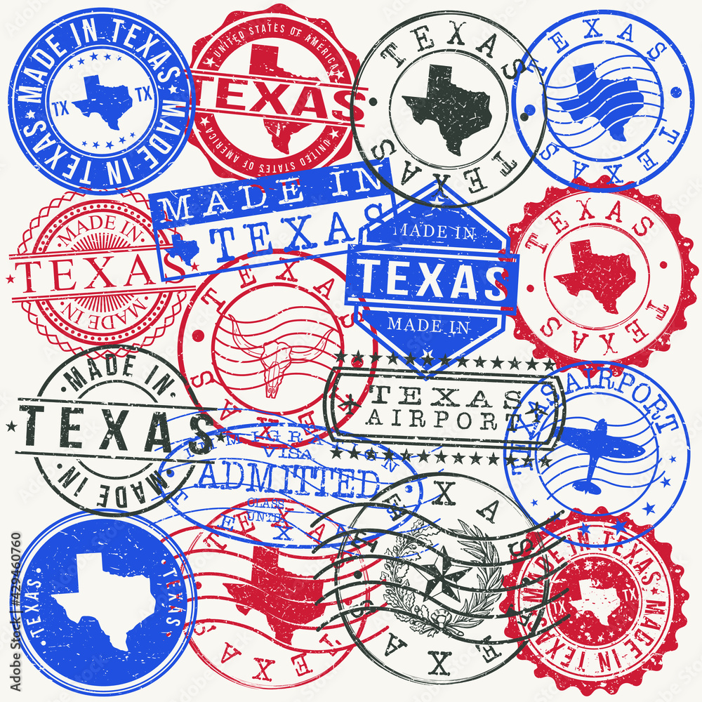 Texas, USA Set of Stamps. Travel Passport Stamps. Made In Product ...