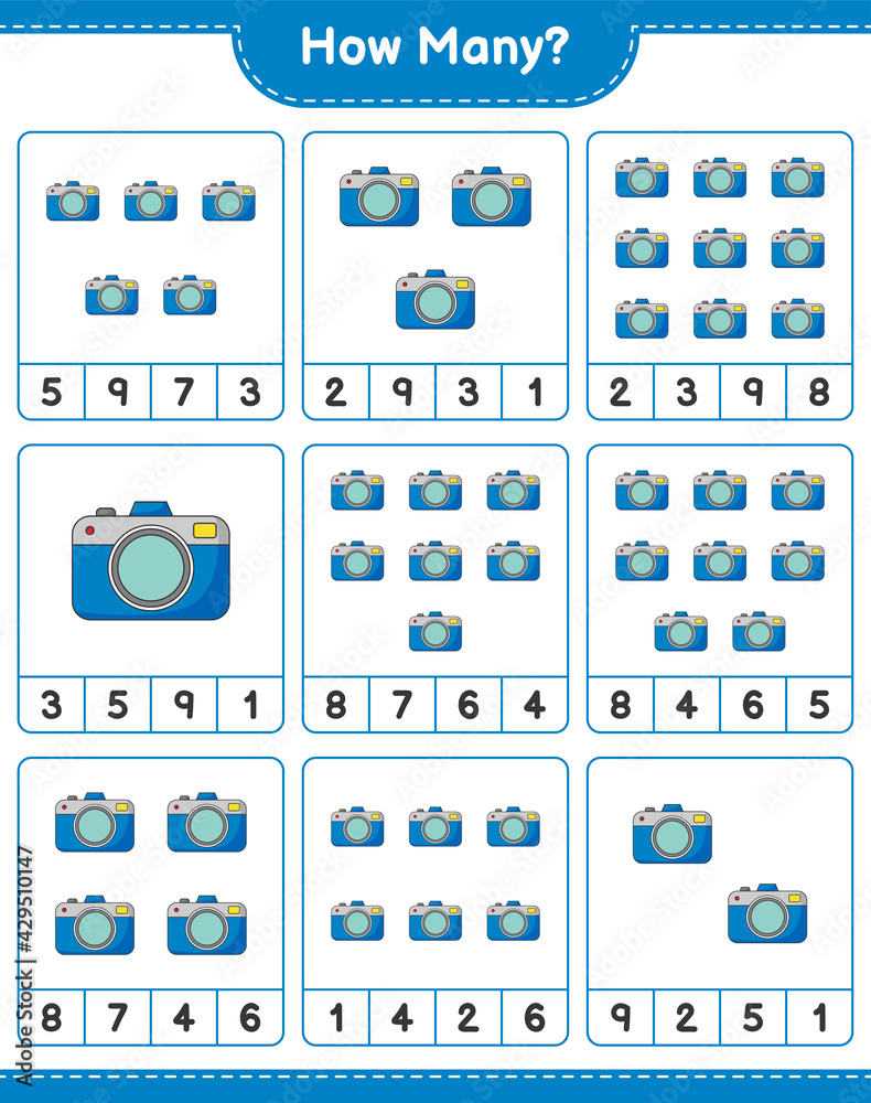Counting game, how many Camera. Educational children game, printable ...