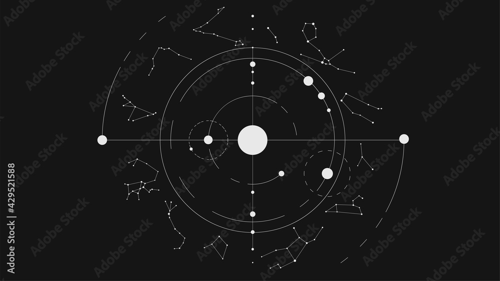 White minimalistic solar system and zodiac constellations on black ...