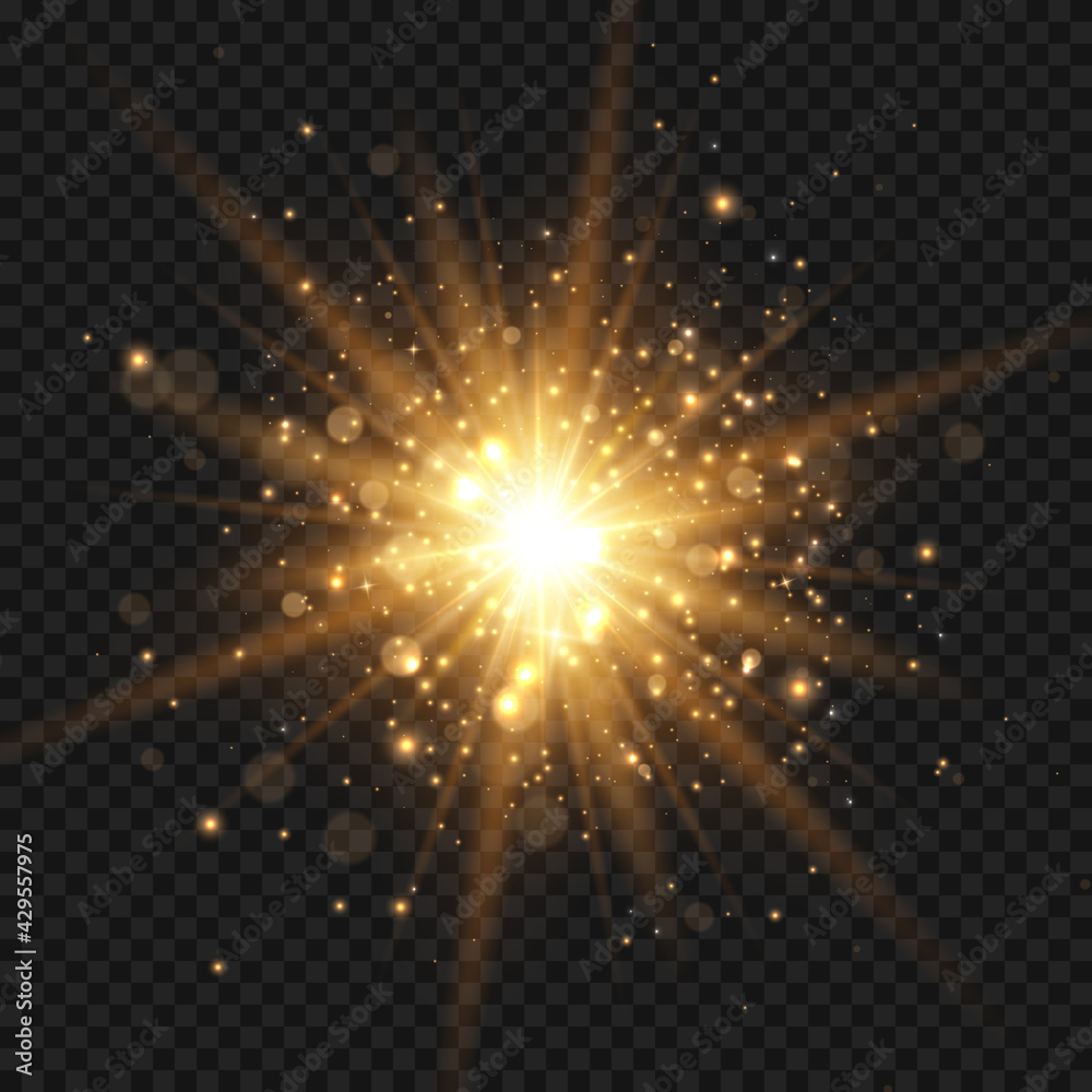 Glowing starburst with sparkles and rays. Golden light flare effect ...