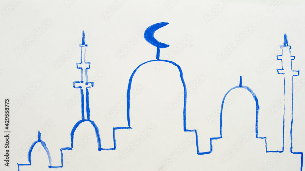 Watercolor drawing silhouette of a mosque, minarets simple children's ...