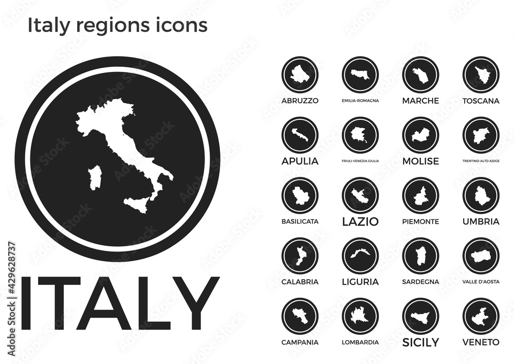 Italy regions icons. Black round logos with country regions maps and ...