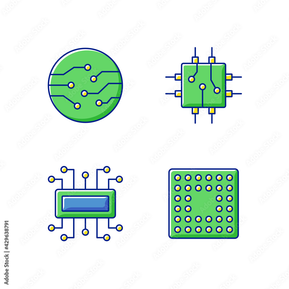 Microcircuits RGB color icons set. Cpu computer motherboard socket ...