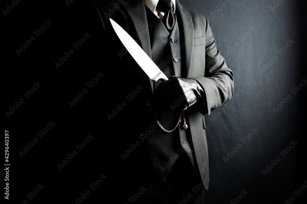 Portrait of Man in Dark Suit and Leather Gloves Holding Sharp Knife ...