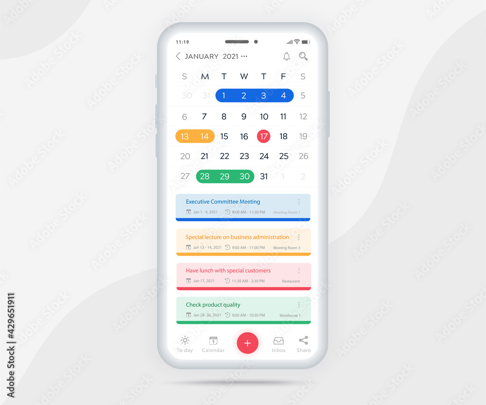 Calendar app light mode concept, Mobile activity calendar template UI ...