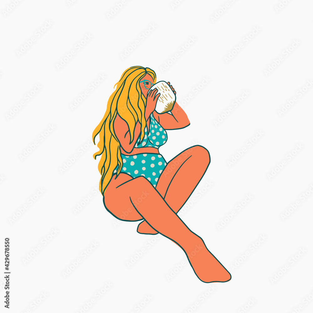 Praca wektorowa bez tantiem: Plus size girl drinks coconut water. Body positive concept ...