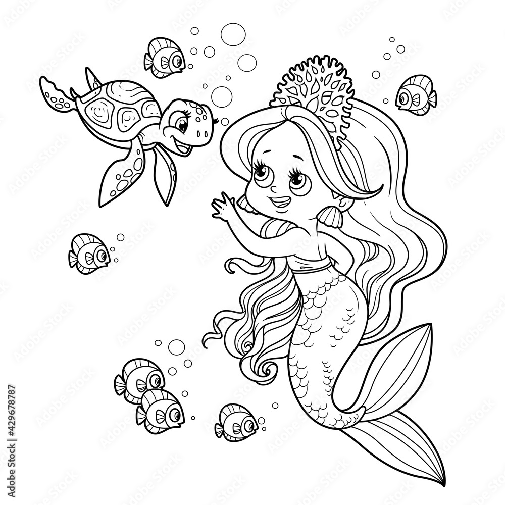 Cute little mermaid girl in coral tiara communicates with a small sea ...