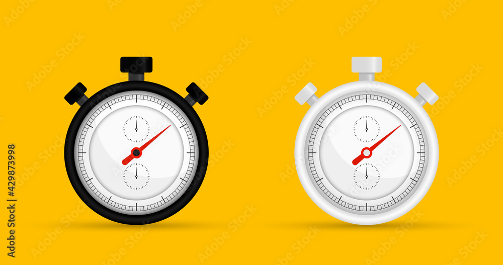 Two stopwatches in black and white color on yellow background. Device ...