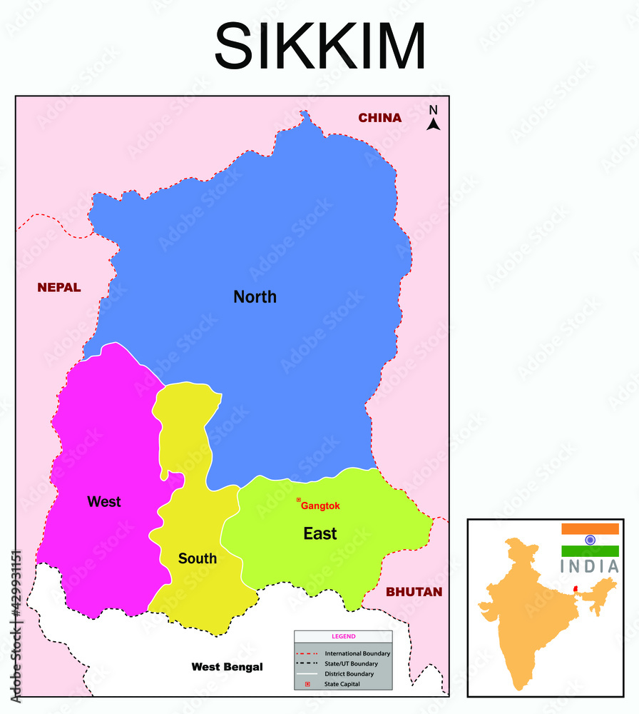 Sikkim map. Highlight Sikkim map on India map with a boundary line ...