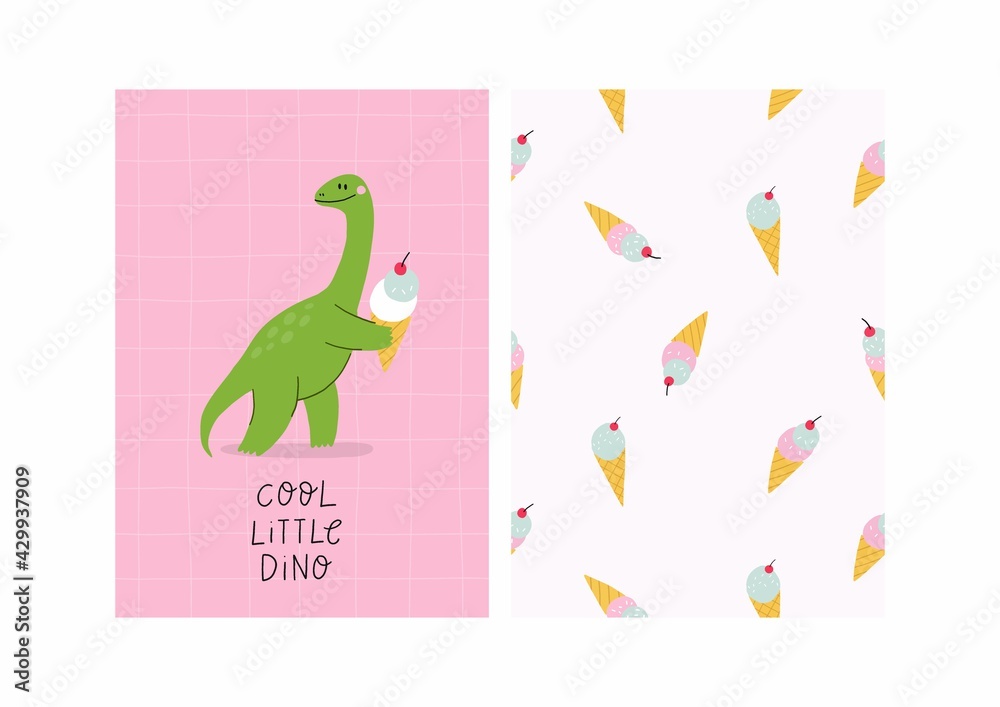 Cute comic dinosaurs and ice cream. Cute cartoon dino for kids t-shirt ...