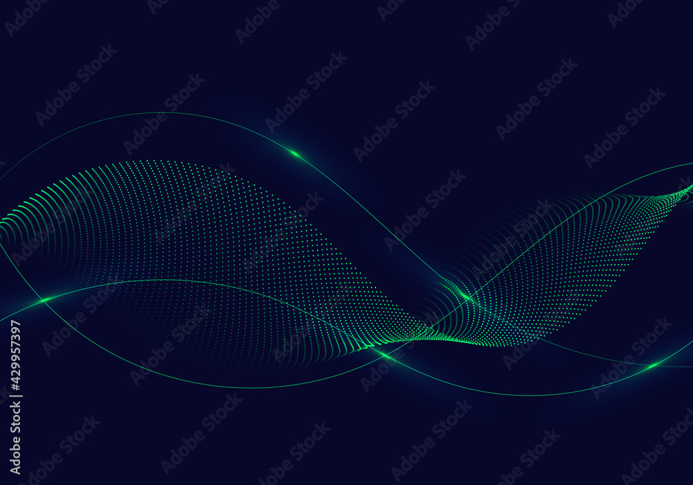 Abstract green wavy lines with dots particles and lighting on dark blue background. Stock Vector ...