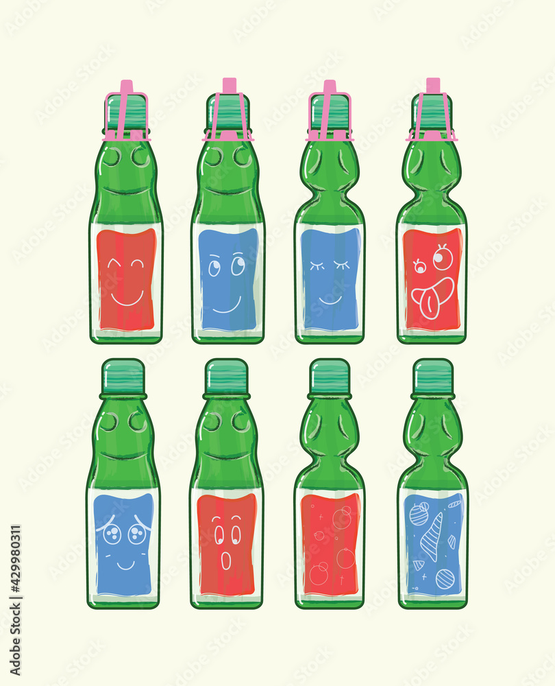 Taiwanese green ramune soda with red and blue labels in flat design ...