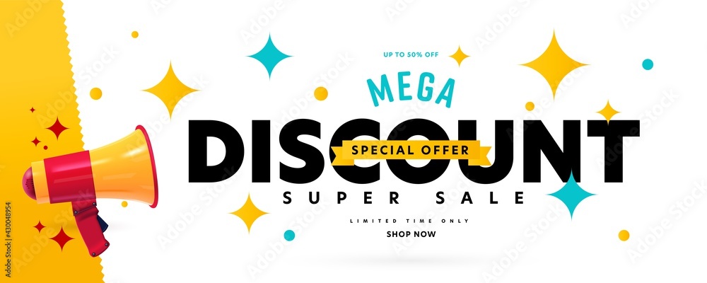 Banner announcing mega discount with half price reduction. Special ...