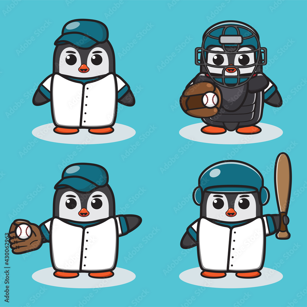 Vector illustrations of a cute Penguin Baseball Player. Cute Penguin ...