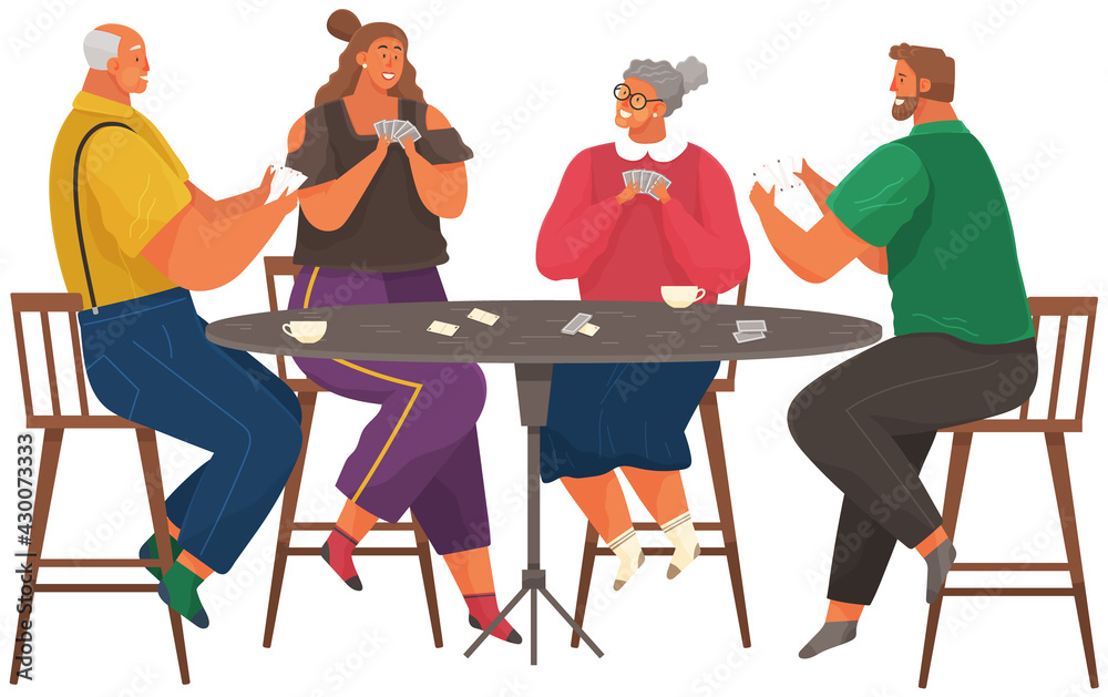 Vector de Stock Cheerful family plays cards. Joyful man and women sit ...