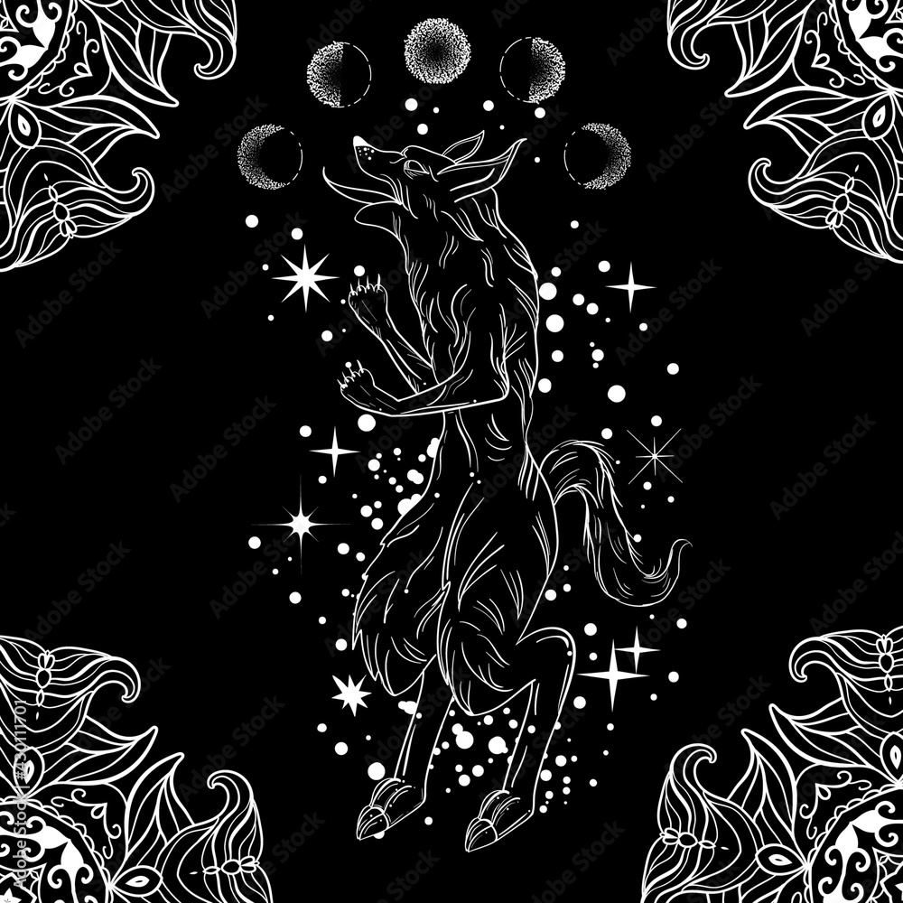 Hand drawn illustration of a werewolf and moon phases. Gothic tattoo ...