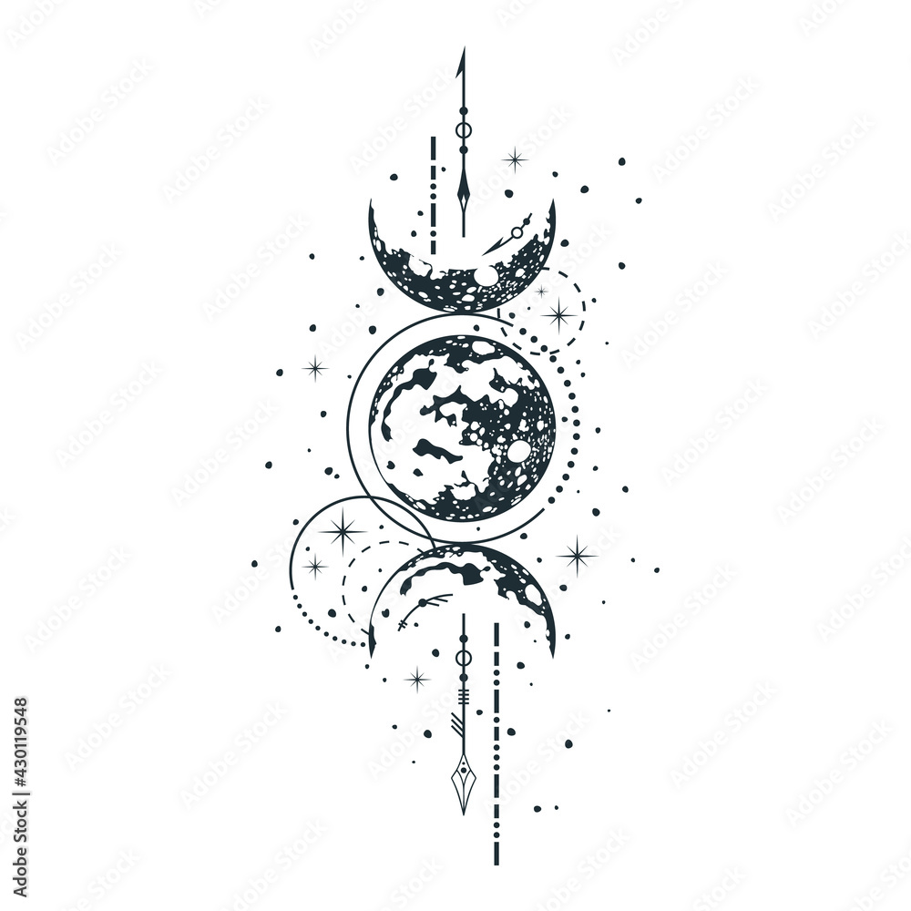 Geometric celestial moon print. Mystical lunar tattoo. Spiritual space ...